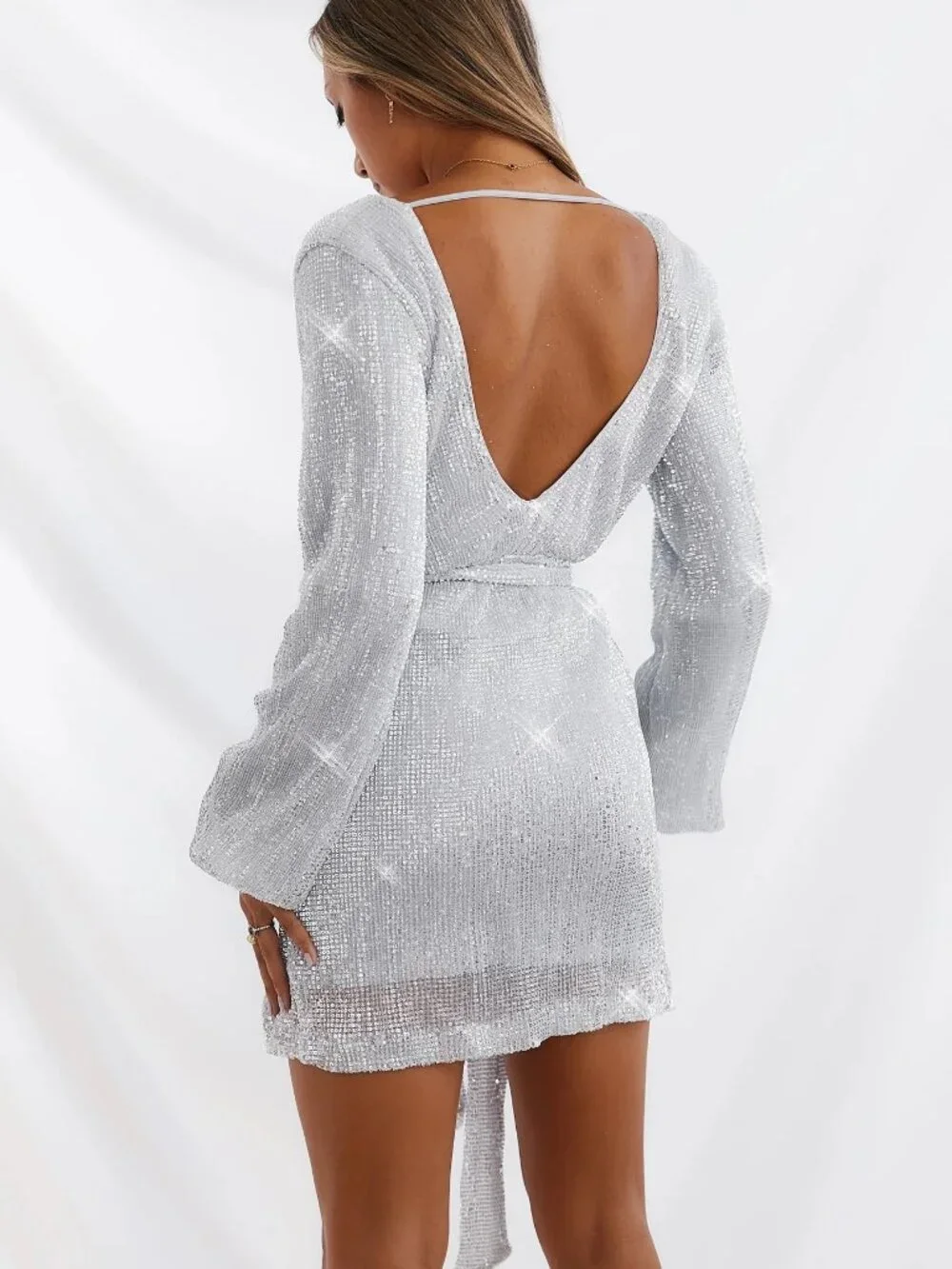 Hello Molly | Dresses | Hello Molly Long Sleeve Belted Silver Sequin ...